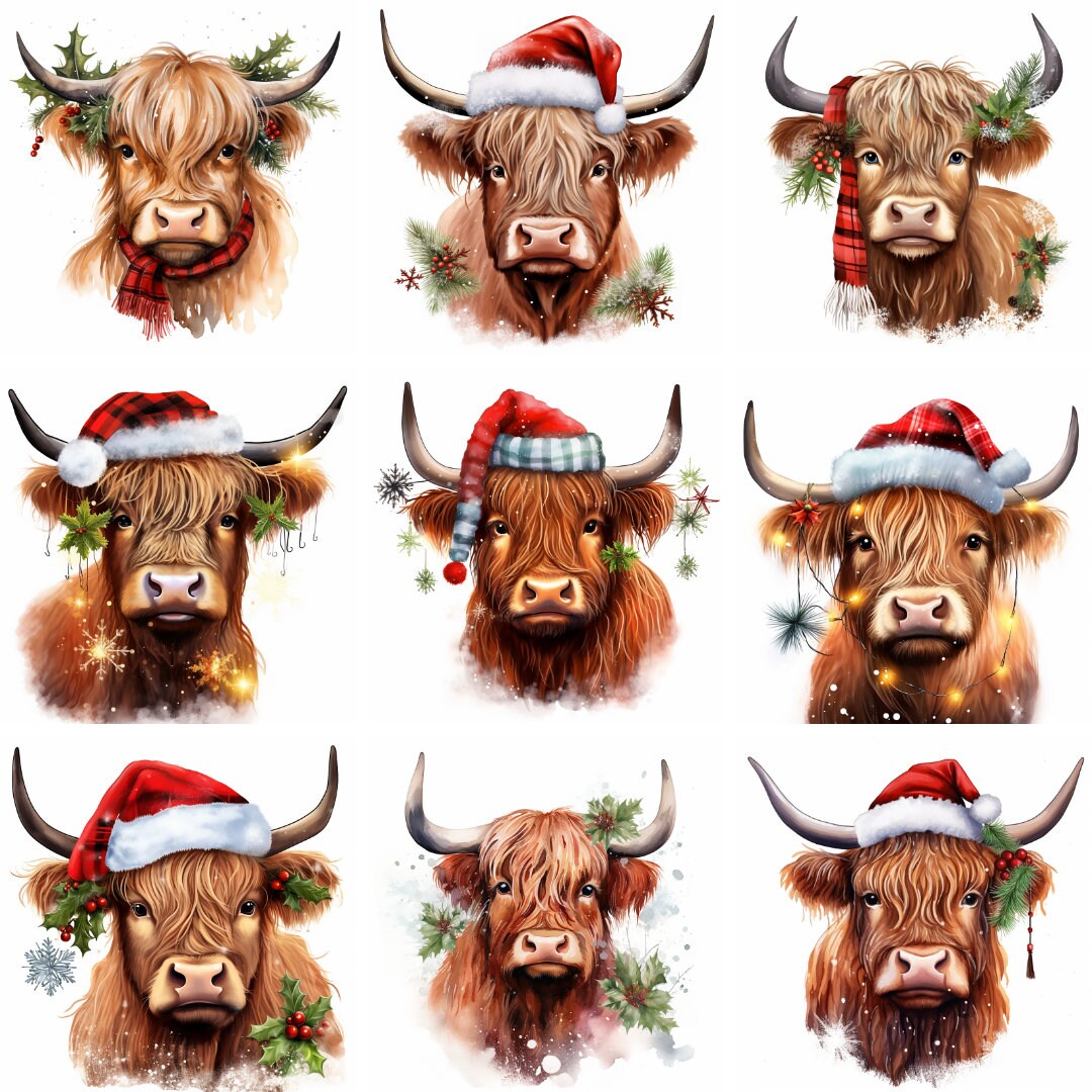 20 Christmas Highland Cow Watercolor Clipart Farm Holiday - Etsy