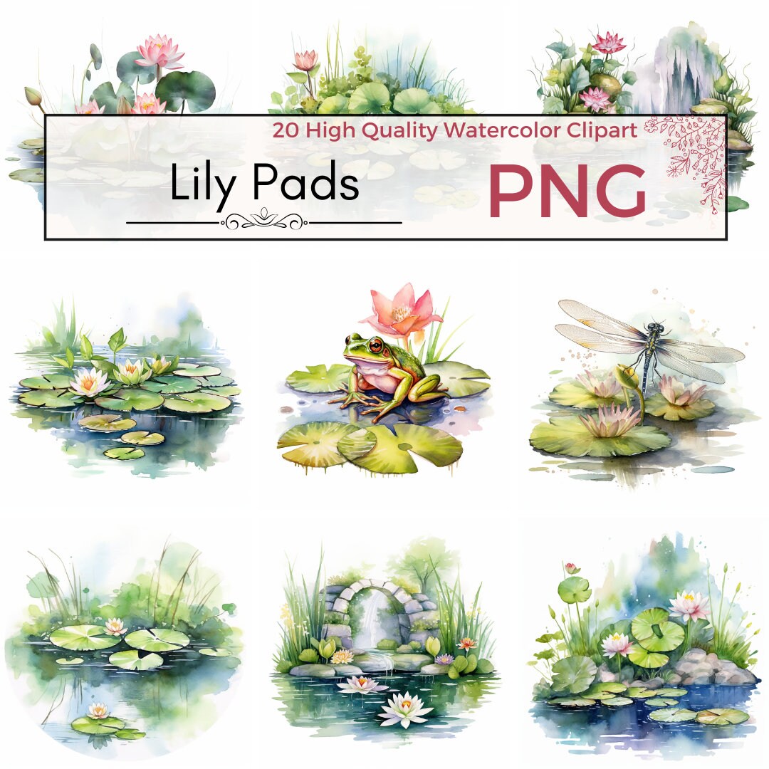 20 Watercolor Lily Pads Clipart PNG, Springtime Cute Lily Pad and Lily ...