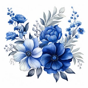 Watercolor Royal Blue and Silver Floral Clipart, Rustic, Wedding ...