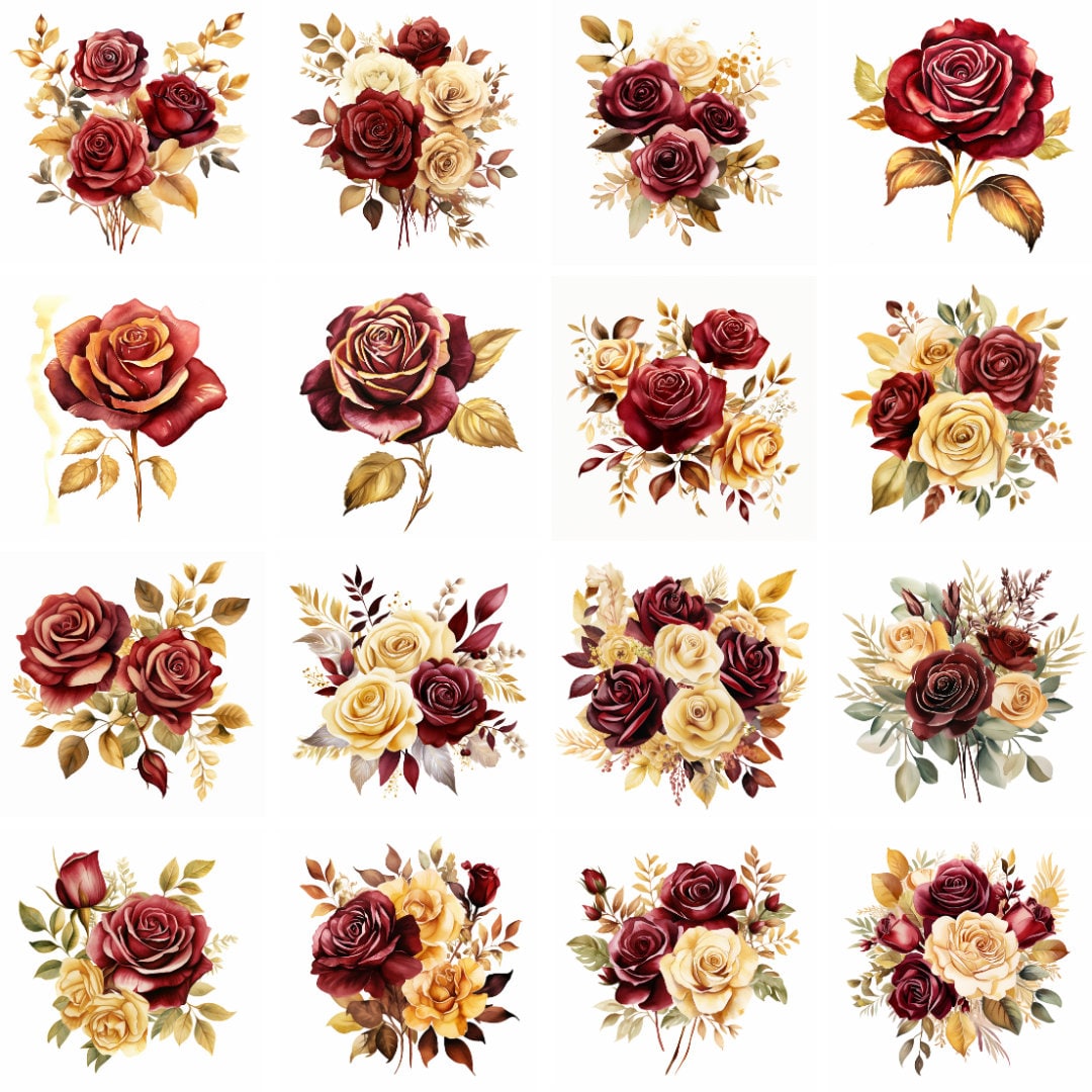 Maroon and Gold Rose Clipart Watercolor Clipart Floral - Etsy