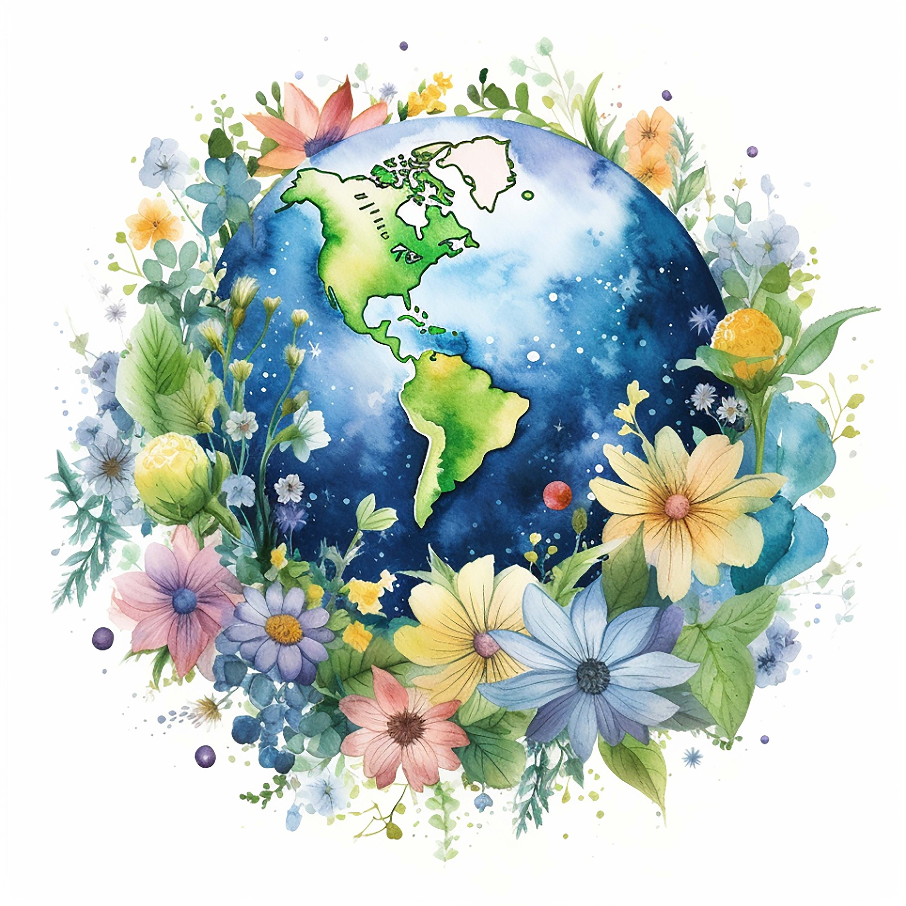Watercolor Floral Earth Clipart Earth Clipart Globe Clipart - Etsy
