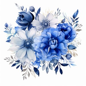 Watercolor Royal Blue and Silver Floral Clipart, Rustic, Wedding ...