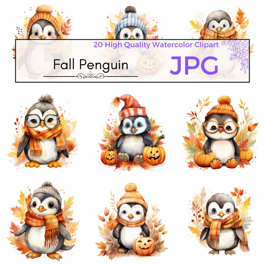 Watercolor Fall Penguin Clipart, High Quality Jpg, Nursery Decoration ...