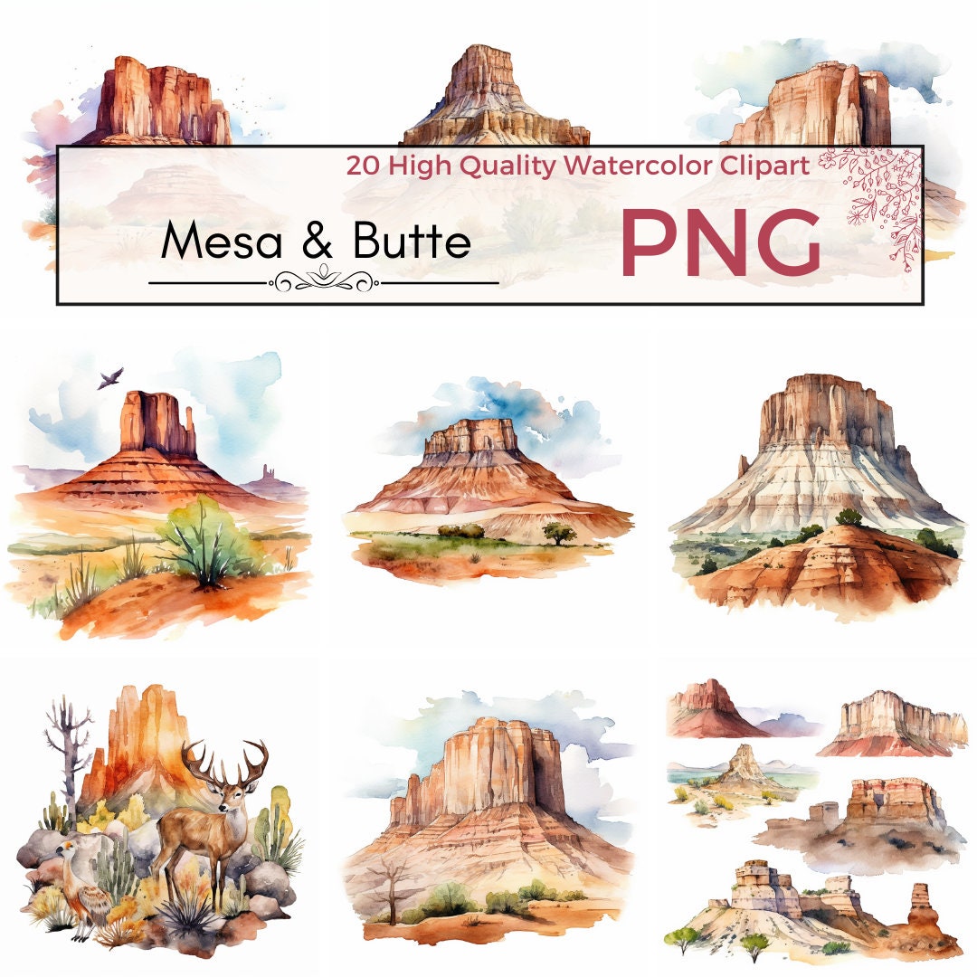 20 Watercolor Mesa and Butte Clipart Bundle | Desert Landscape ...