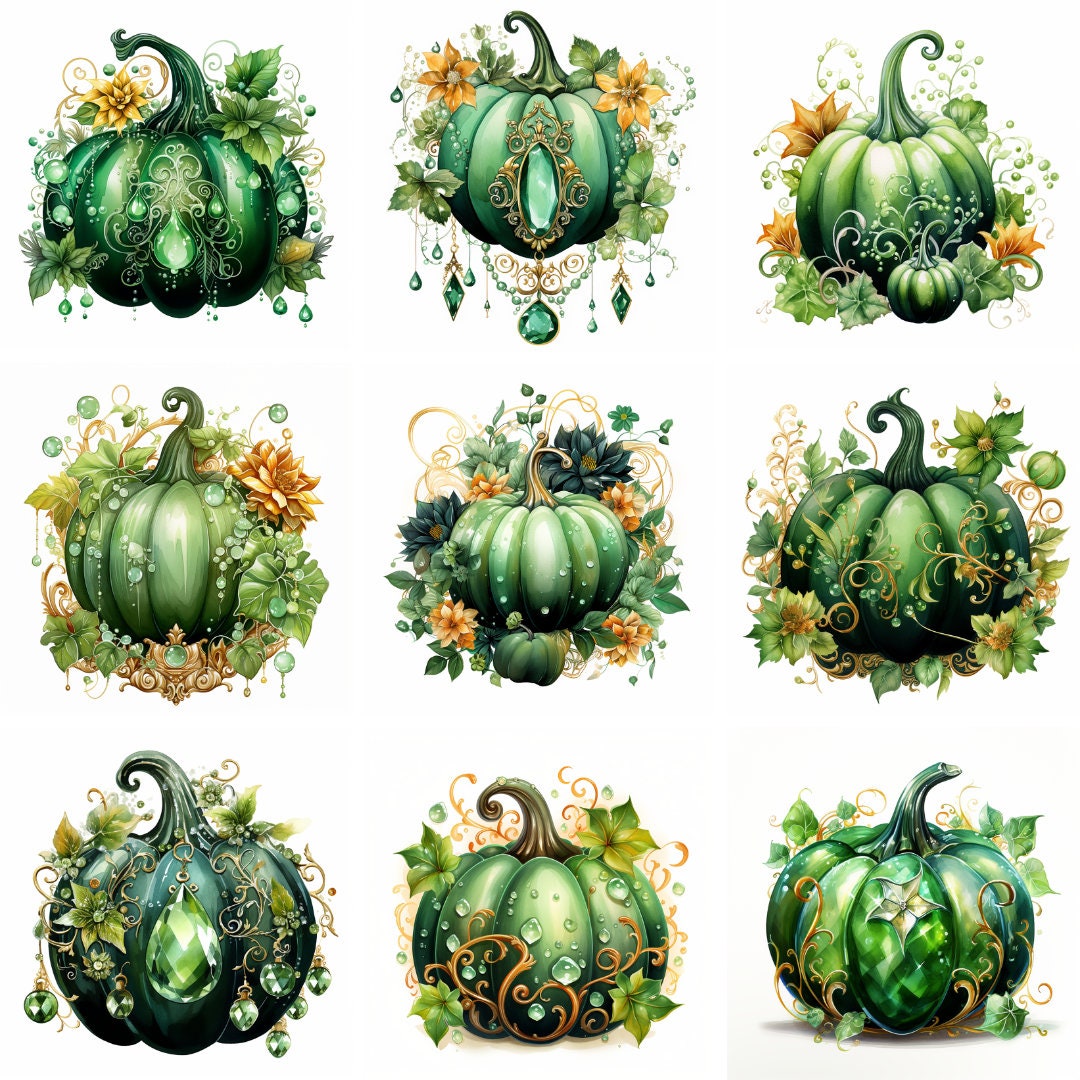Gem Green Pumpkin Clipart Bundle, Watercolor Clipart, Halloween Clipart ...