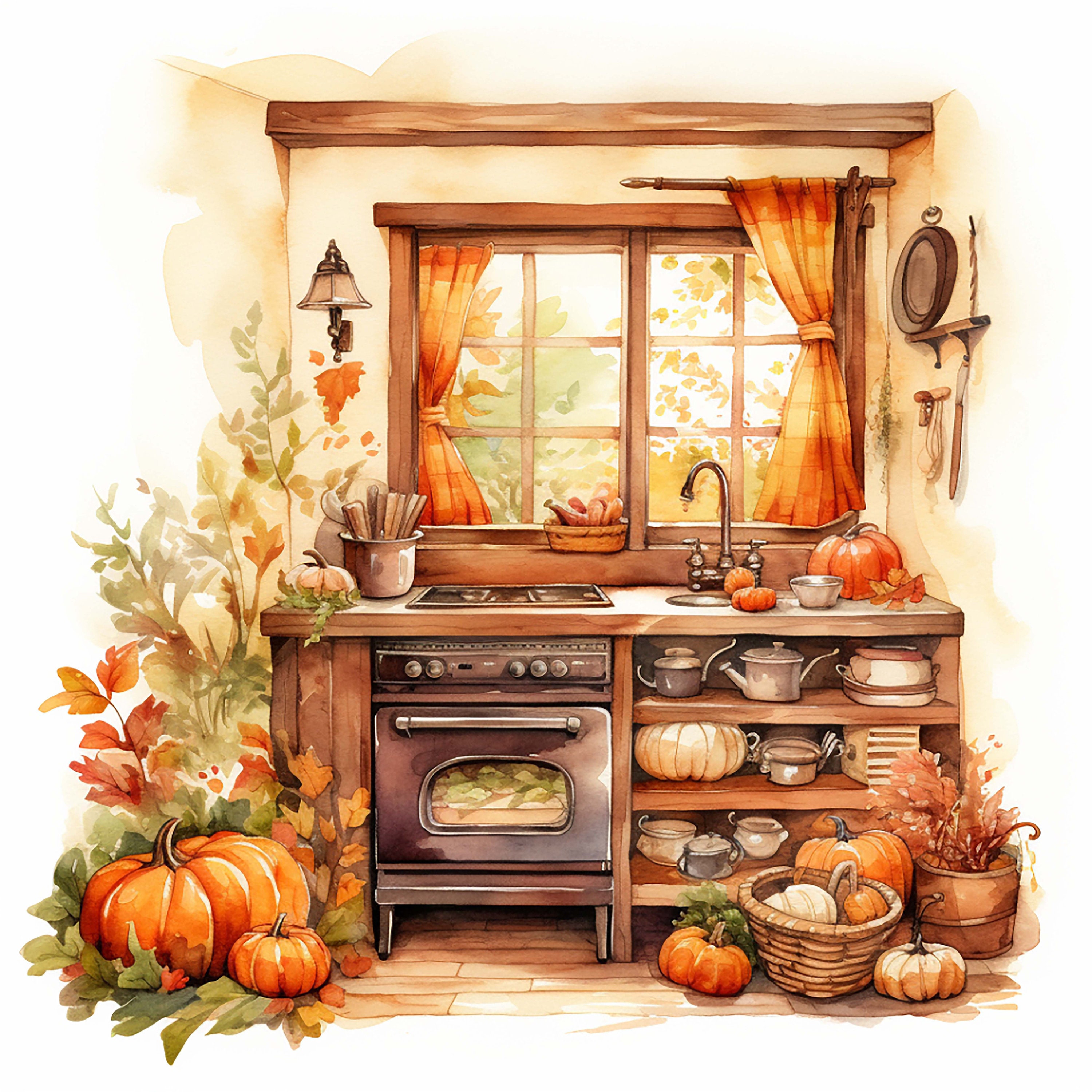 Watercolor Fall Kitchen Clipart Autumn Printables Fall - Etsy