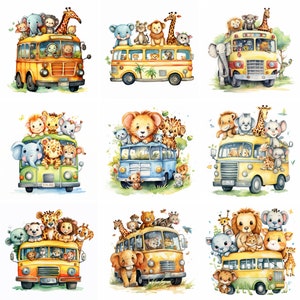 Watercolor Safari Animals on School Bus Clipart, High Quality Png ...