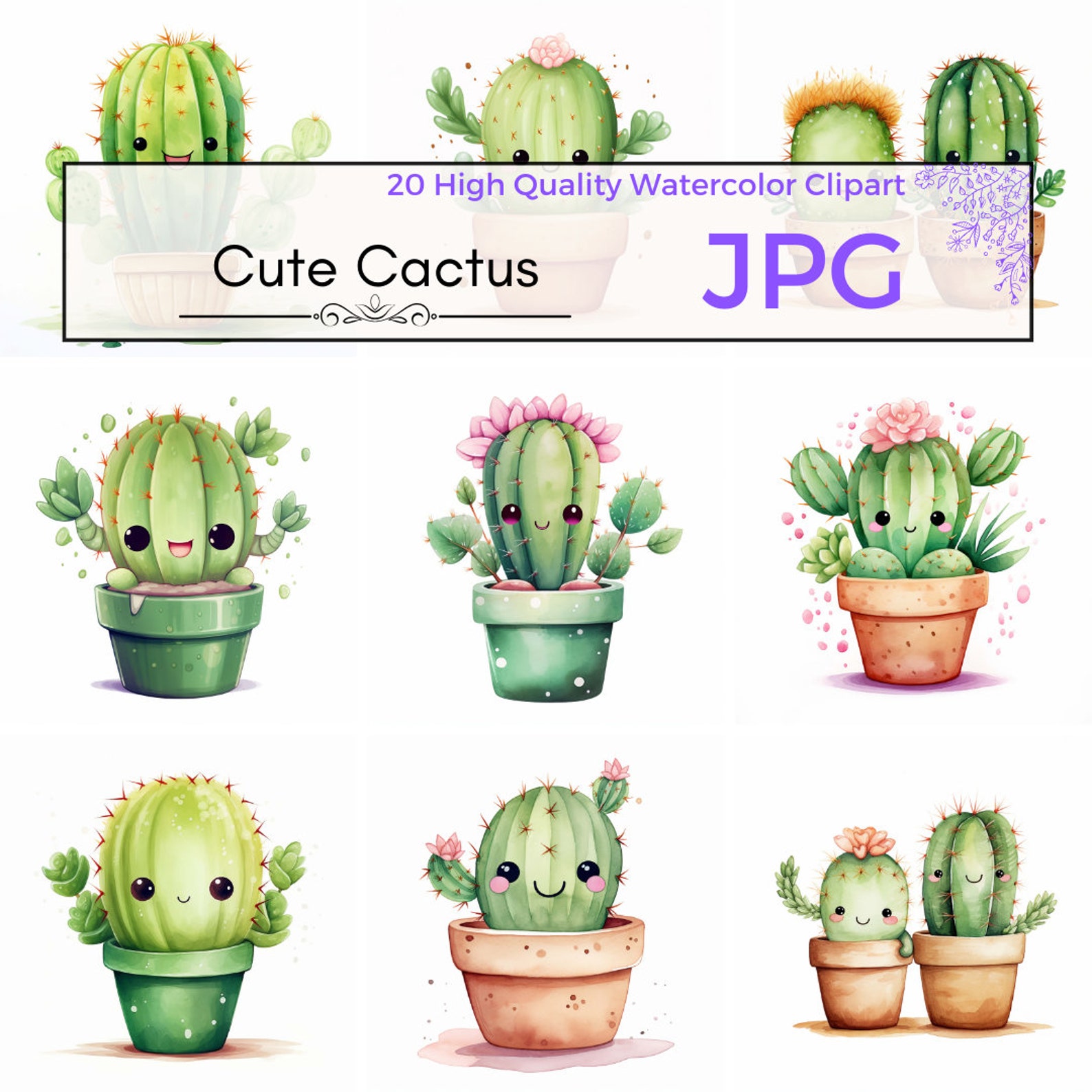 Watercolor Cute Cactus Clipart Cactus Illustration Cute - Etsy