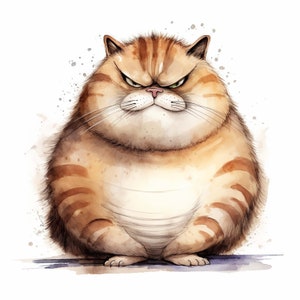 Watercolor Fat Cat Clipart, High Quality JPG, Cubby Cat Wall Art, Funny ...