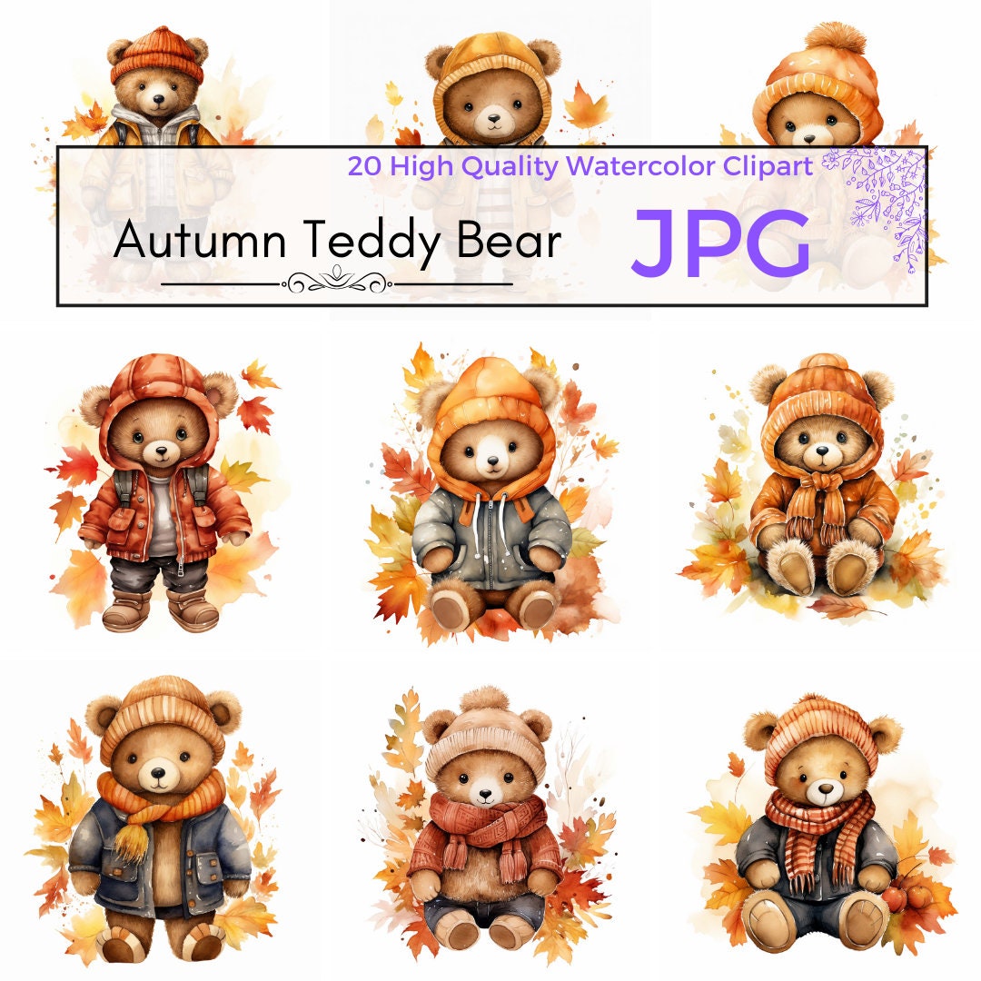 Watercolor Autumn Teddy Bear Clipart, Nursery Clipart, Baby Shower ...