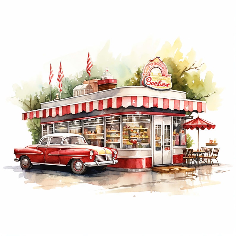 Watercolor Diner Scene Clipart Retro Clipart Vintage Diner - Etsy