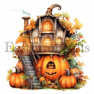 20 Pumpkin House Watercolor Clipart, High Quality Png, Cozy Cottage ...