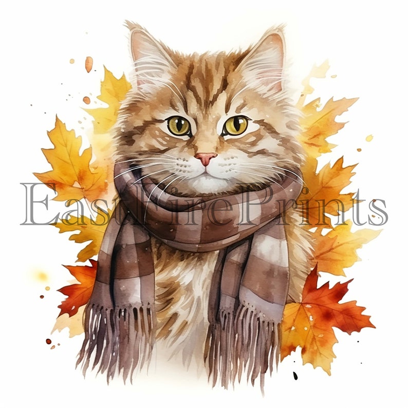Watercolor Autumn Cat With Scarf Clipart High Quality Png - Etsy