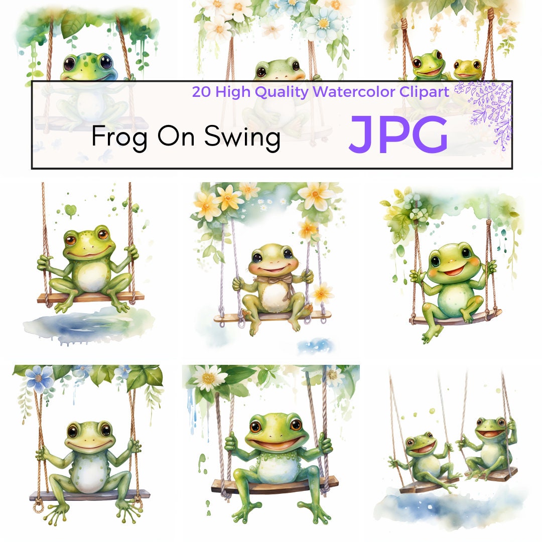 Watercolor Frog on Swing Clipart, High Quality JPG, Cute Frog Clipart ...