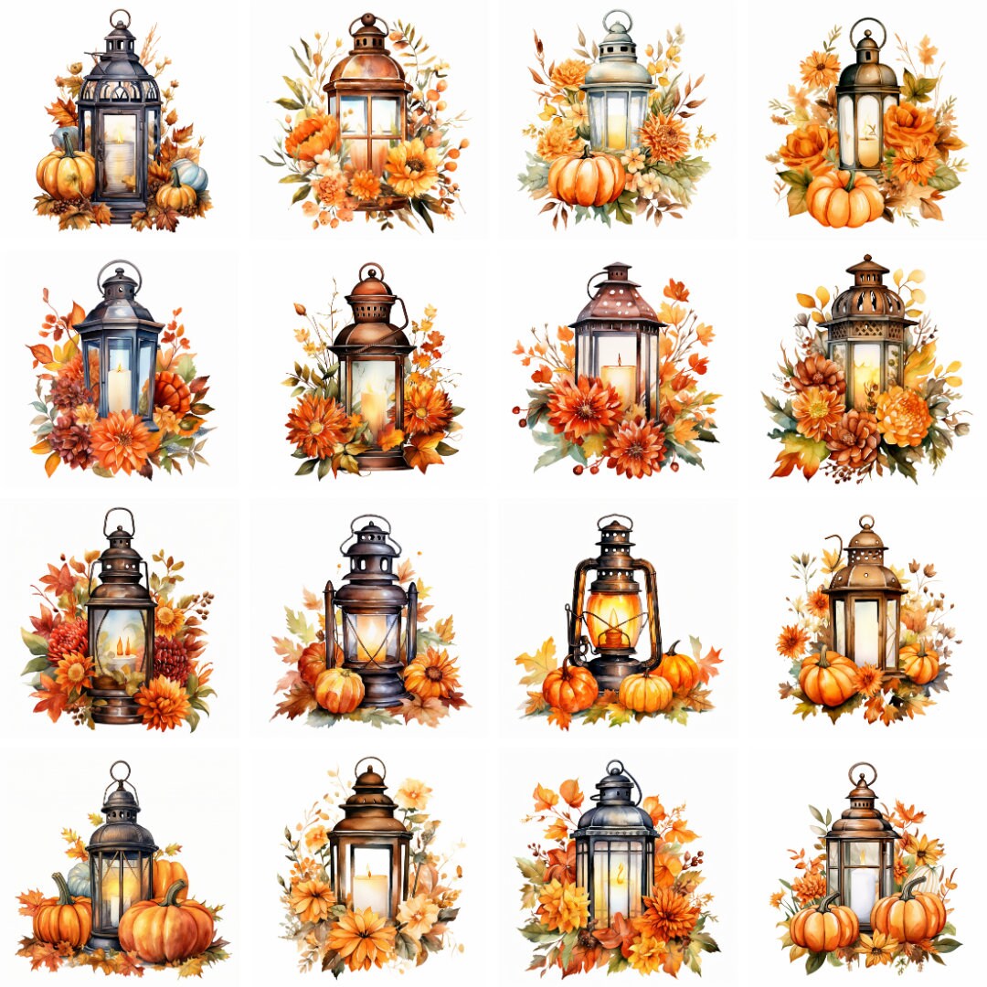 Watercolor Autumn Lantern Clipart, High Quality Png, Fall Cute Floral ...