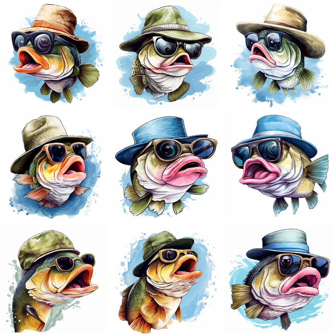 20 Watercolor Funny Bass Clipart, PNG Files, Fish Clip Art, Images ...