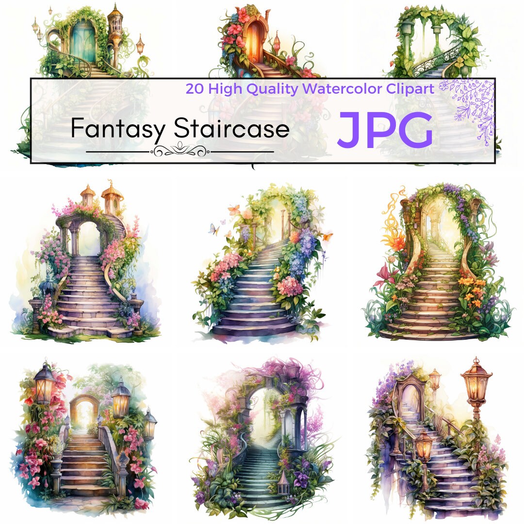 Watercolor Fantasy Staircase Clipart, Garden Fairy Steps Fantasy ...