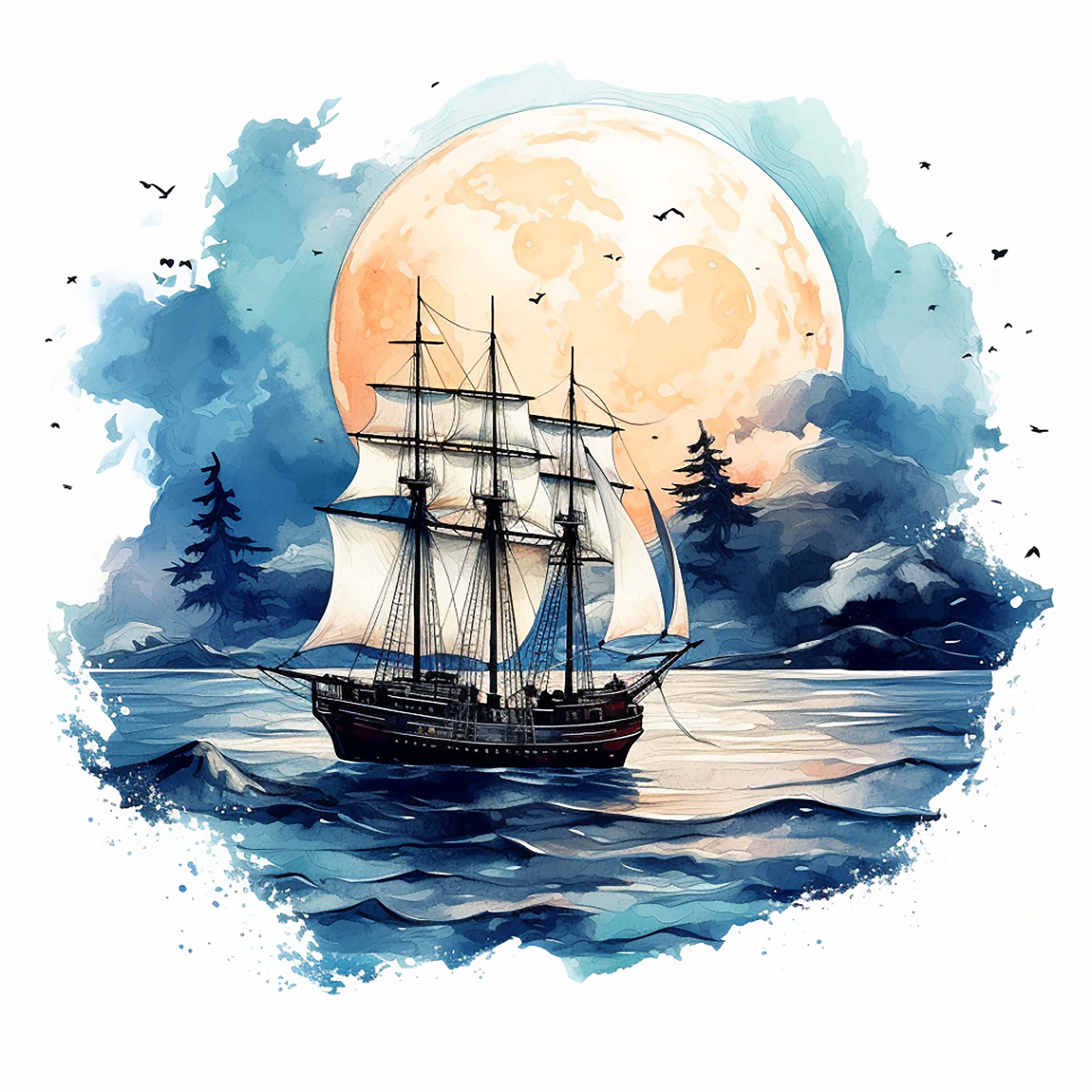 Watercolor Moonlit Seascape Clipart Moonlight Clipart Scenic - Etsy