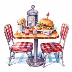 Watercolor Diner Scene Clipart, Retro Clipart, Vintage Diner Clipart ...