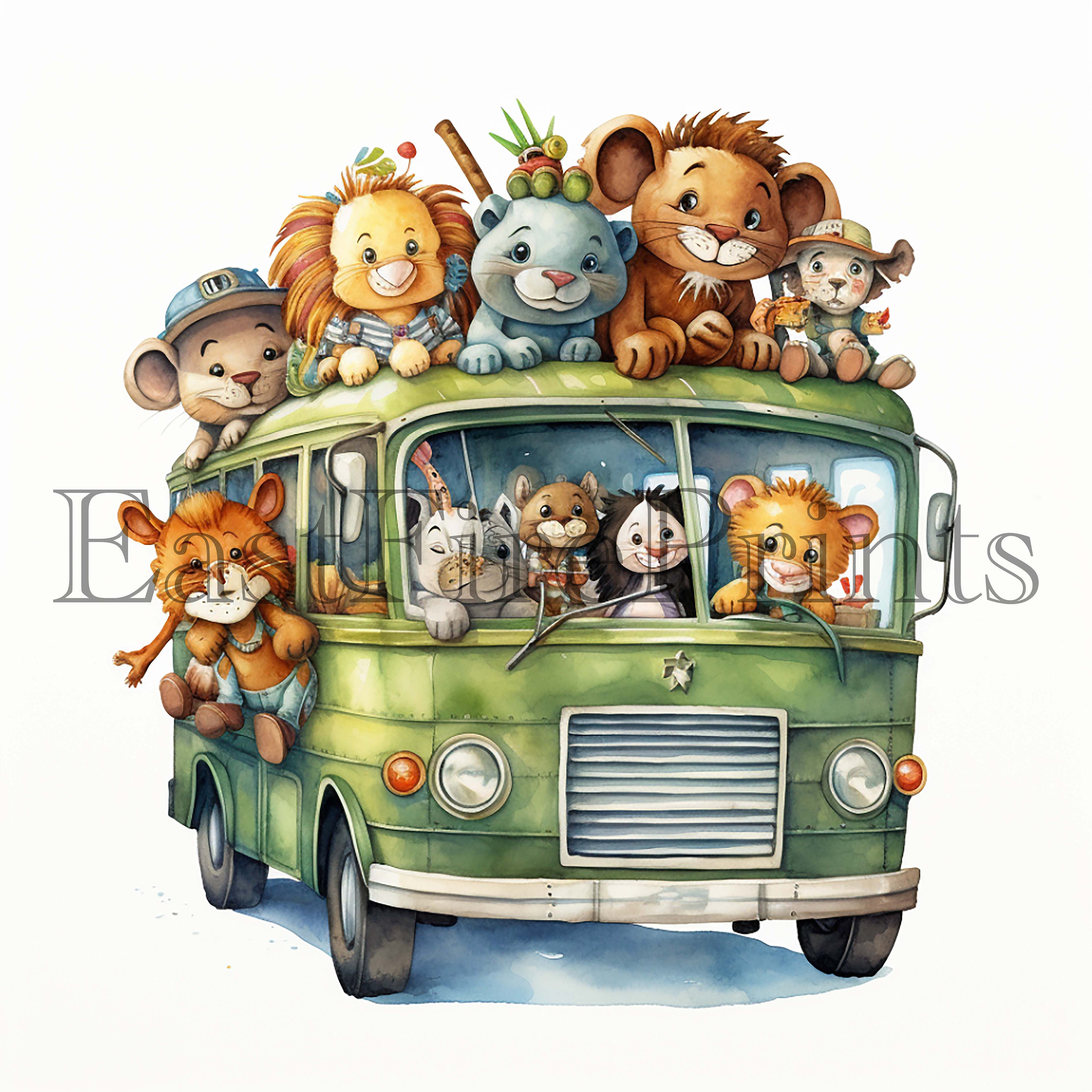 Watercolor Safari Animals on School Bus Clipart High Quality - Etsy