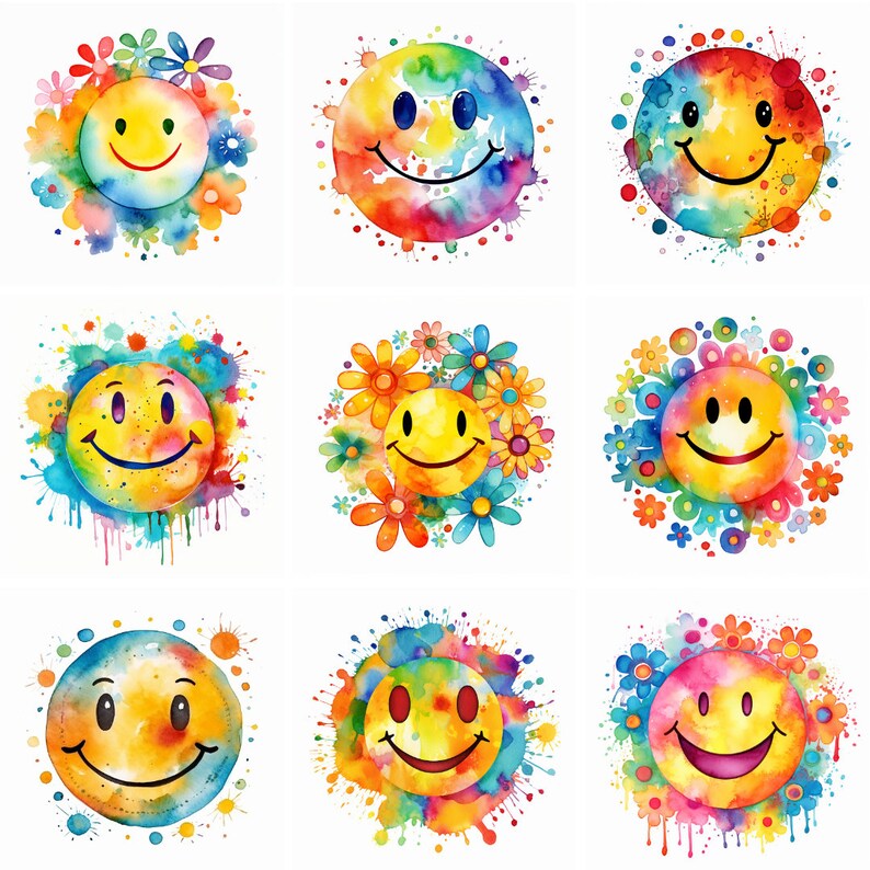 20 Retro Groovy Smiley Face Clip Art Watercolor Clipart - Etsy