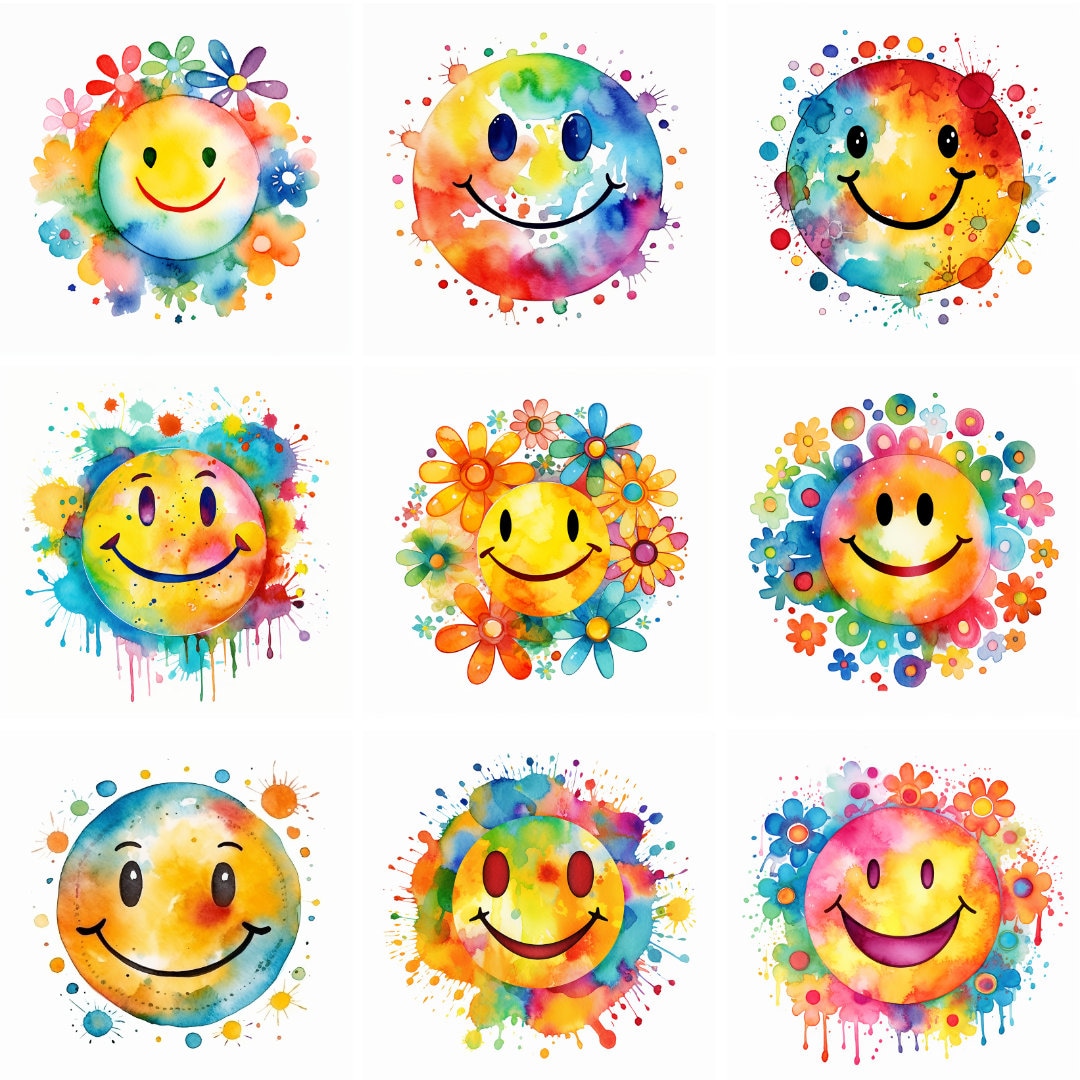 20 Retro Groovy Smiley Face Clip Art Watercolor Clipart - Etsy