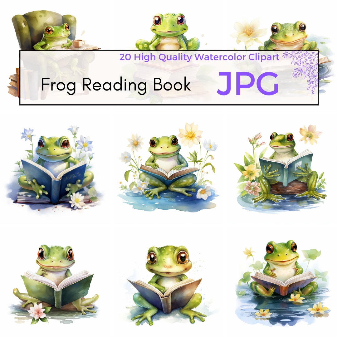 Watercolor Frog Reading Book Clipart, High Quality JPG, Cute Frog ...