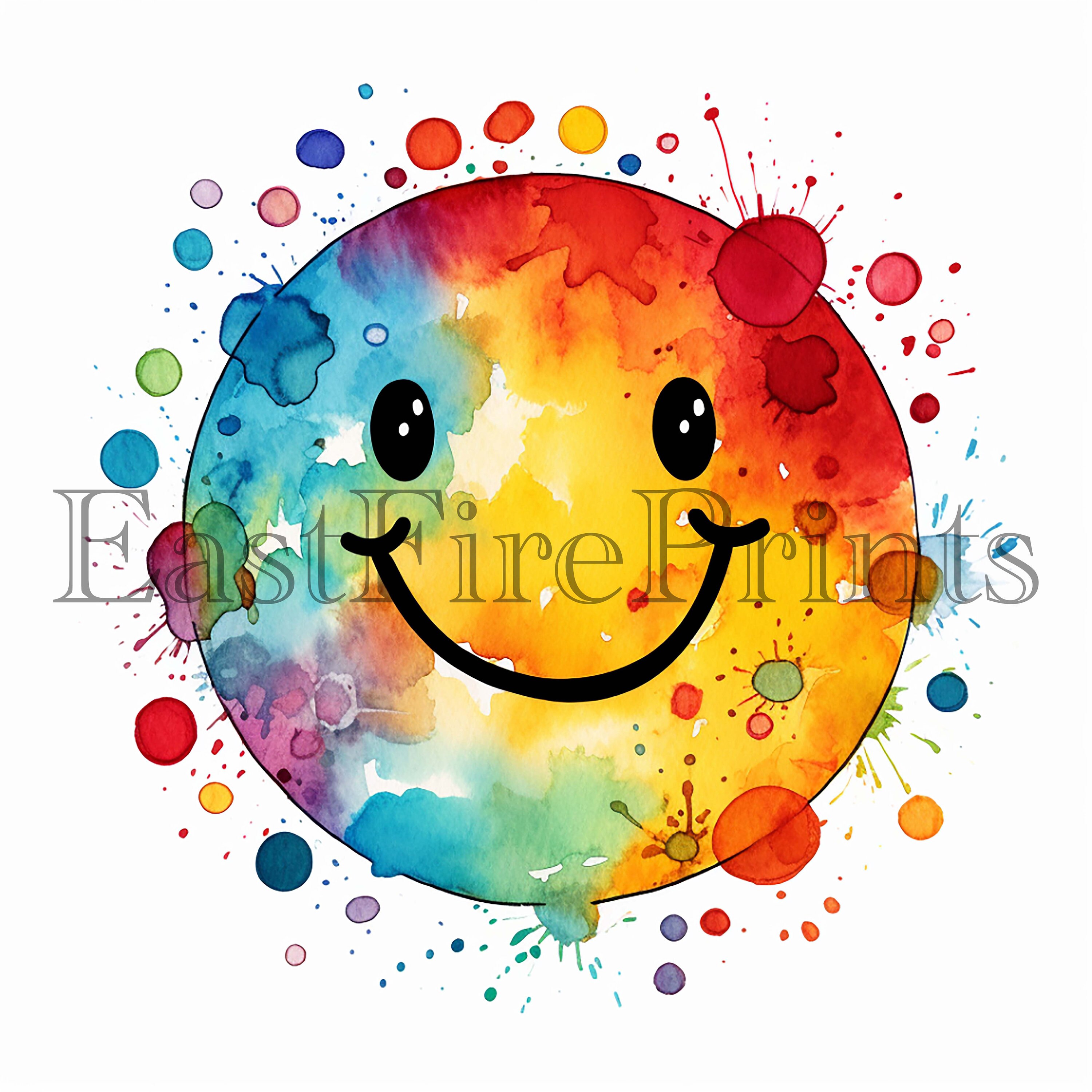 Watercolor Retro Smiley Face Clipart High Quality Png Groovy - Etsy