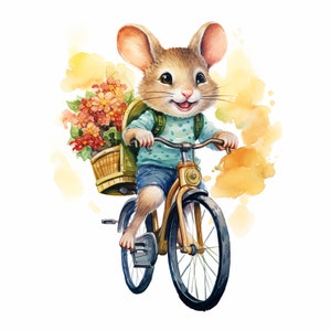 Watercolor Mice on Bicycle Clipart, High Quality JPG, Nursery Wall Art ...