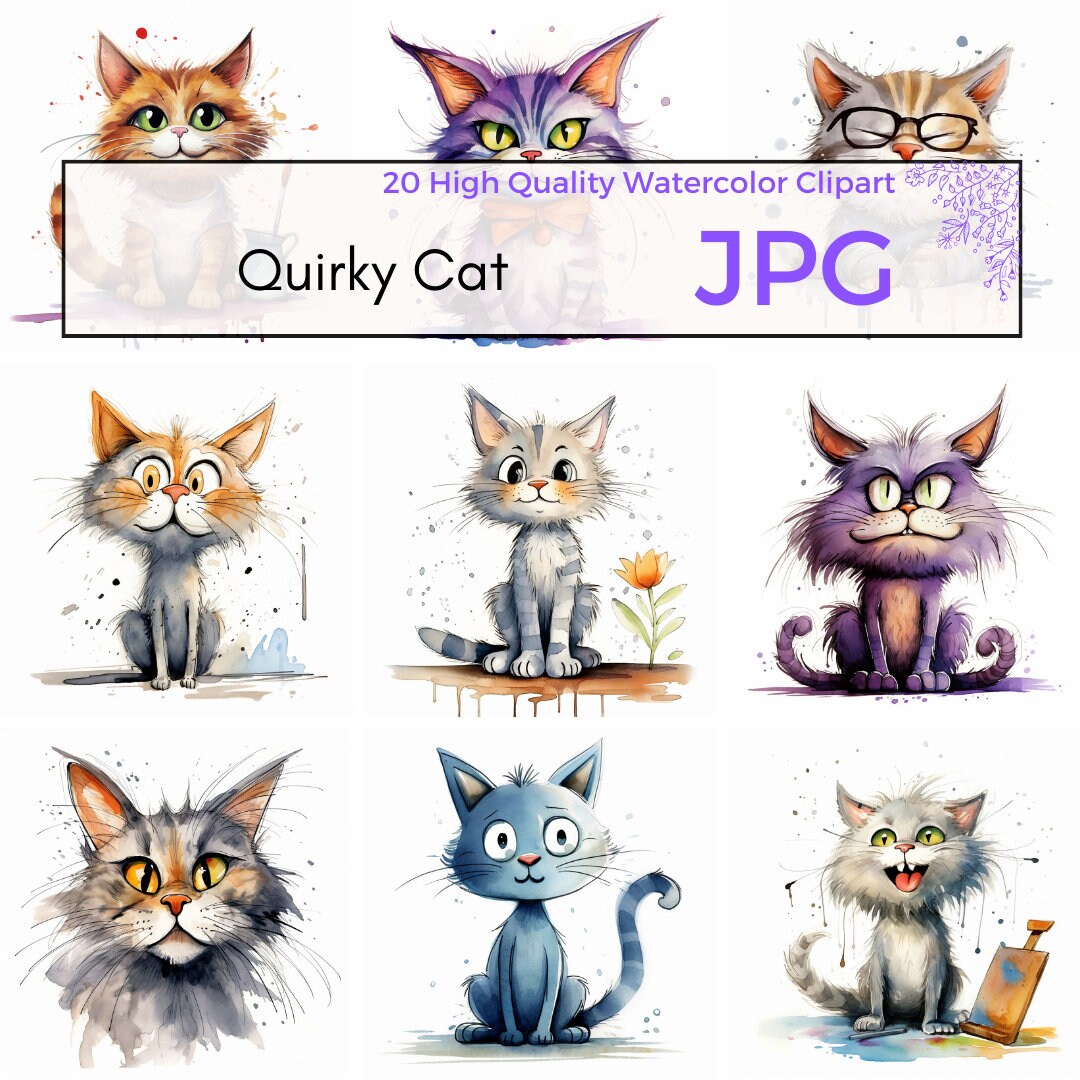 Watercolor Quirky Cat Clipart, High Quality JPG, Funny Cat Clipart, Cat ...