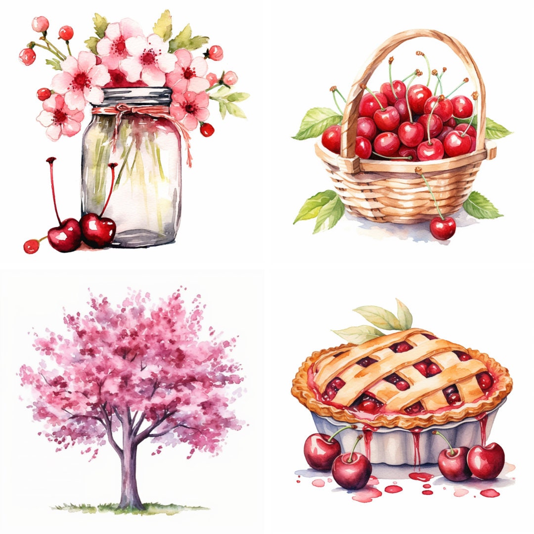 20 Watercolor Cherry Clipart Red Cherries Clipart Digital - Etsy