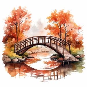 Watercolor Fall Bridge Clipart, Autumn Clipart, Halloween Art, Fall Art ...