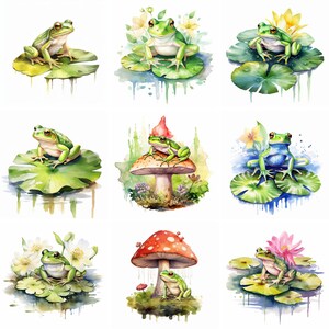 20 Watercolor Green Frog Clipart PNG, Cute Frog Floral Lily Pad Clip ...