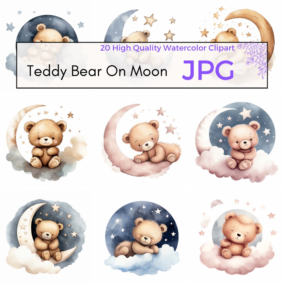Watercolor Teddy Bear on Moon Clipart, High Quality JPG, Nursery Wall ...