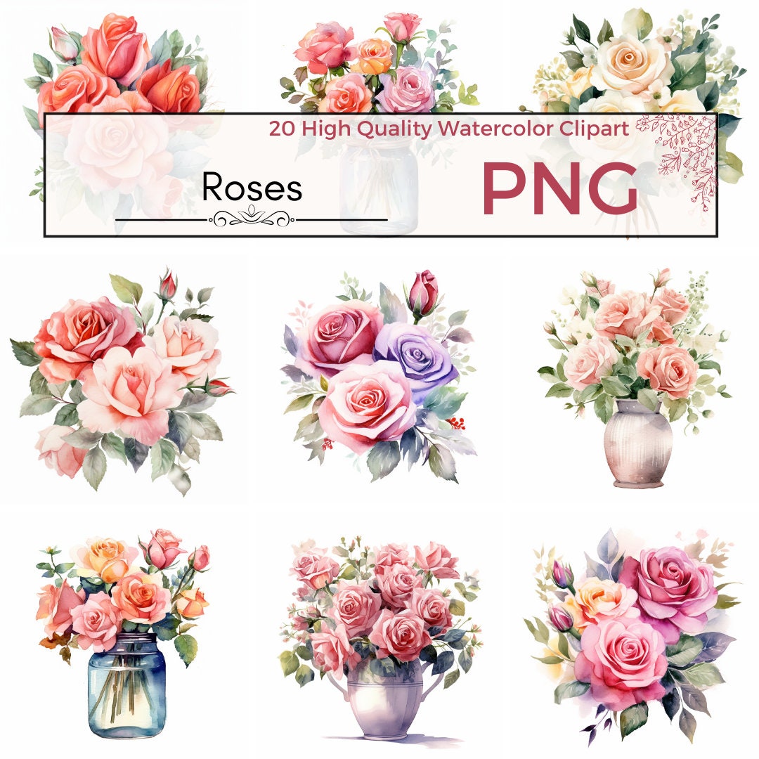 20 Watercolor Roses Bouquet Clipart Bundle, Hand-painted Floral ...