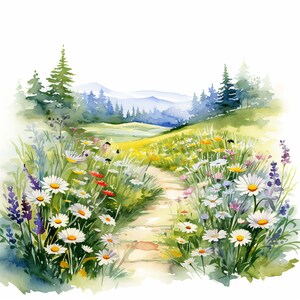Watercolor Wildflower Meadow Clipart, High Quality JPG, Wildflower ...