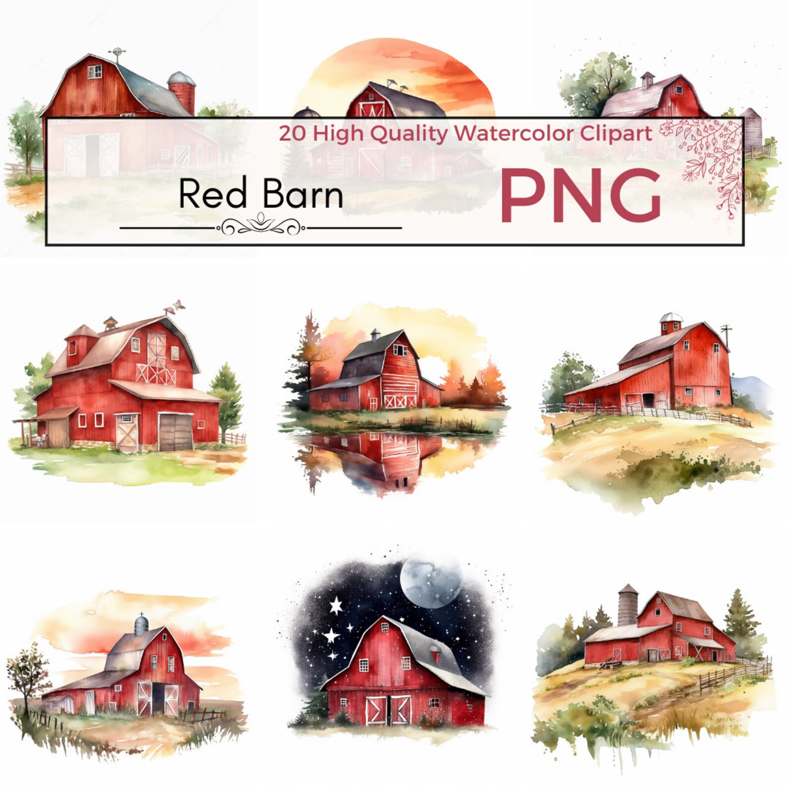 20 Watercolor Red Barn Clipart Bundle Farmhouse - Etsy