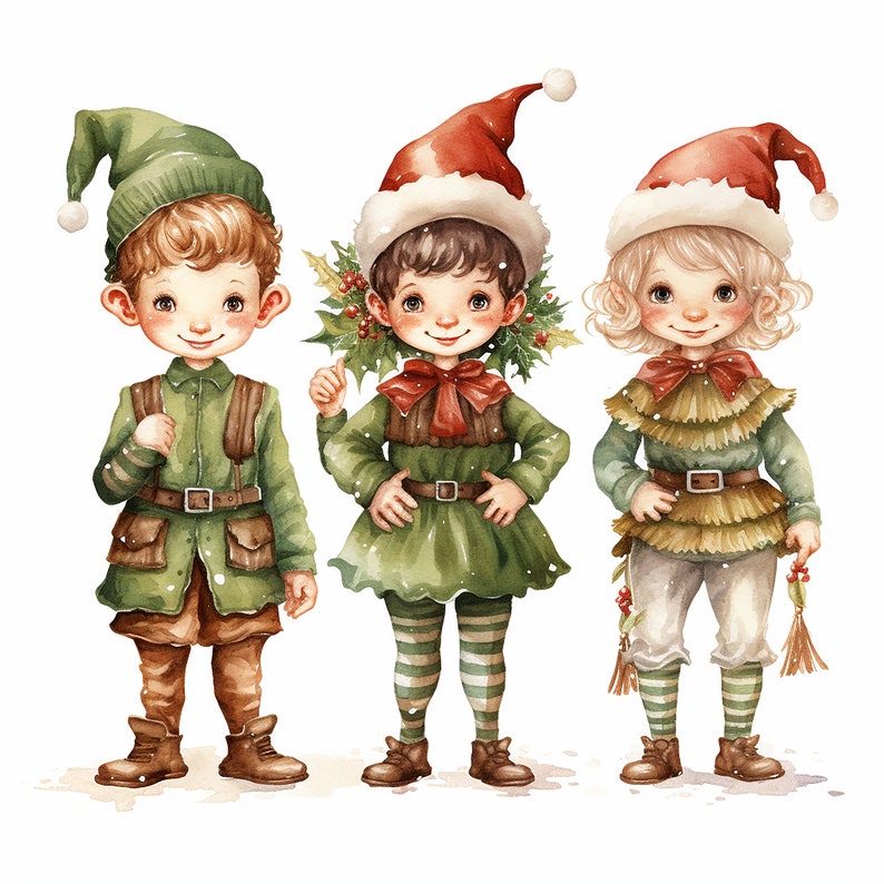Watercolor Vintage Christmas Elves Clipart Retro Elf - Etsy