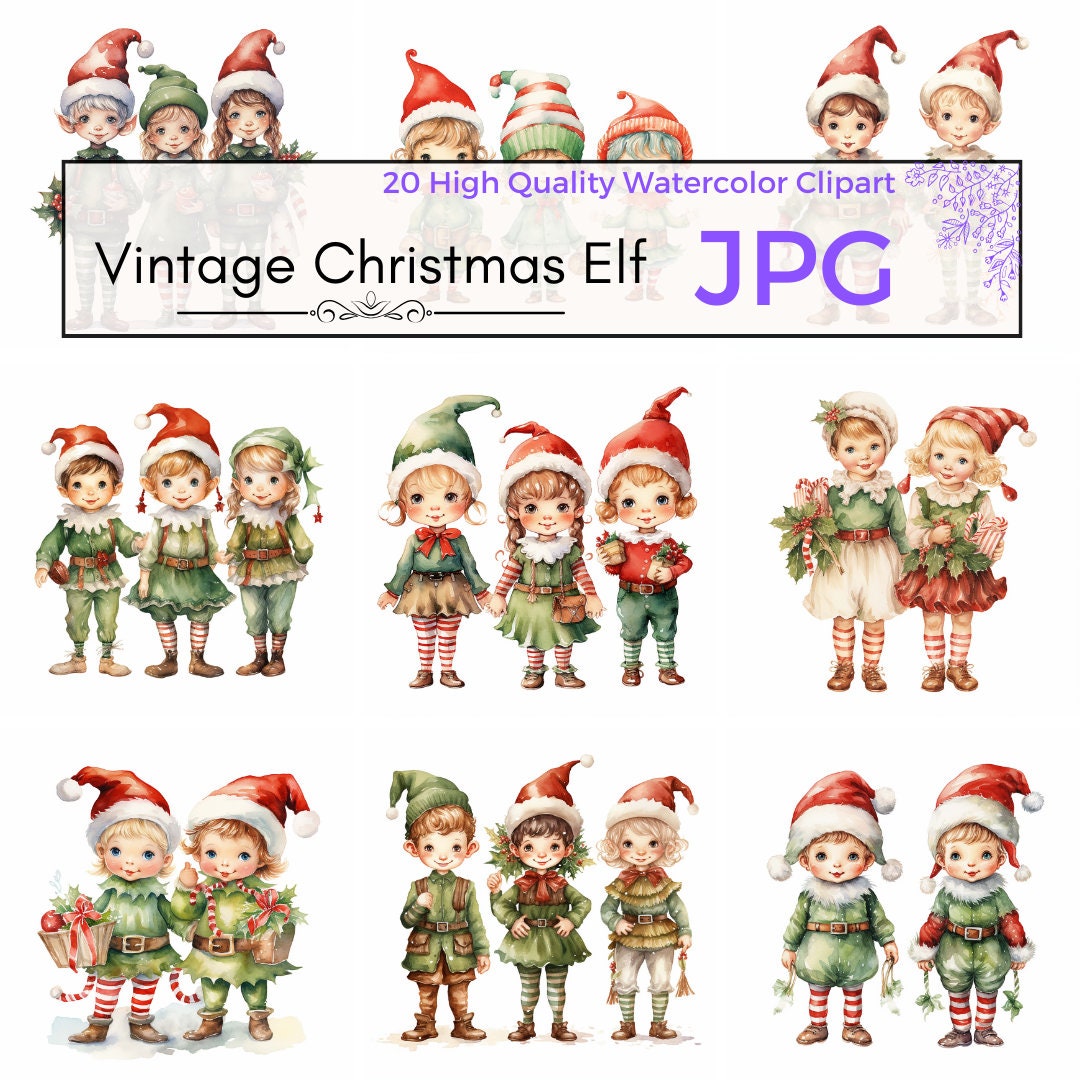Watercolor Vintage Christmas Elves Clipart, Retro Elf Christmas Art ...
