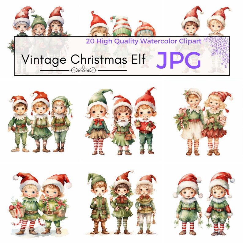 Watercolor Vintage Christmas Elves Clipart Retro Elf - Etsy