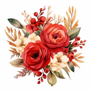 Watercolor Red and Gold Floral Clipart, High Quality JPG, Watercolor ...