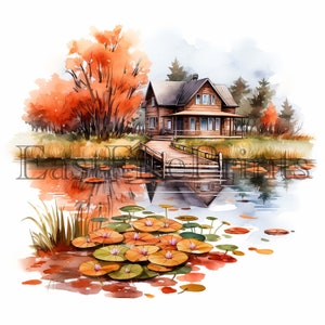 Autumn Lake House Clipart, Scenic Clipart, Lake House Png, Lake Clipart ...