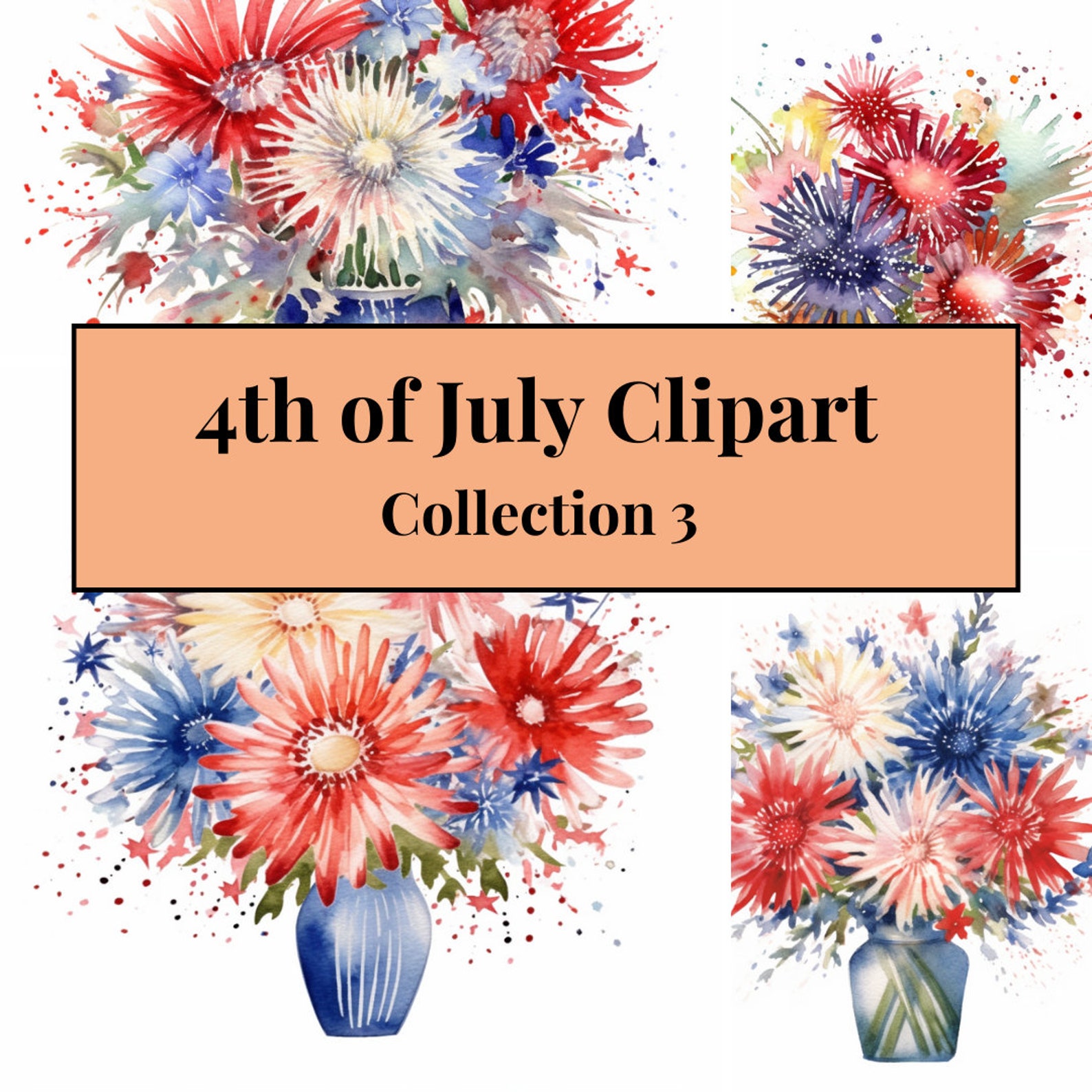 Watercolor 4th of July Floral Clipart Collection 3 Patriotic - Etsy