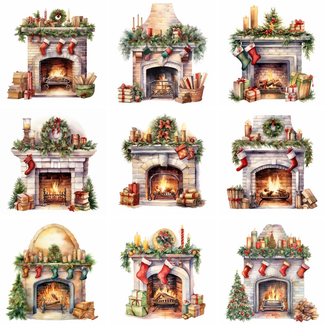 Watercolor Christmas Fireplace Clipart PNG Files, Xmas Clip Art, Cozy ...