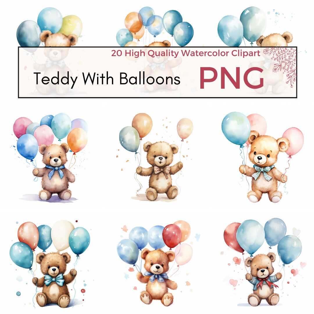 Teddy Bear With Balloons Clipart, High Quality PNG, Nursery Decor, Cute ...