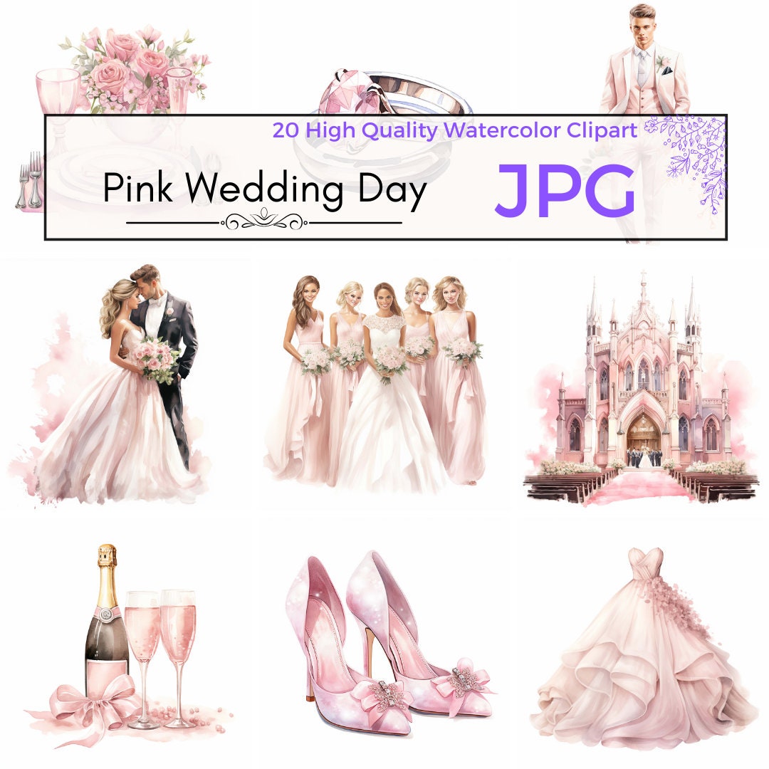 Watercolor Pink Wedding Day Clipart, Bride and Groom Clipart Marriage ...