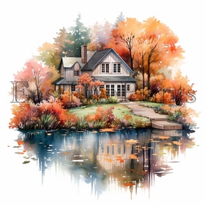 Autumn Lake House Clipart, Scenic Clipart, Lake House Png, Lake Clipart ...