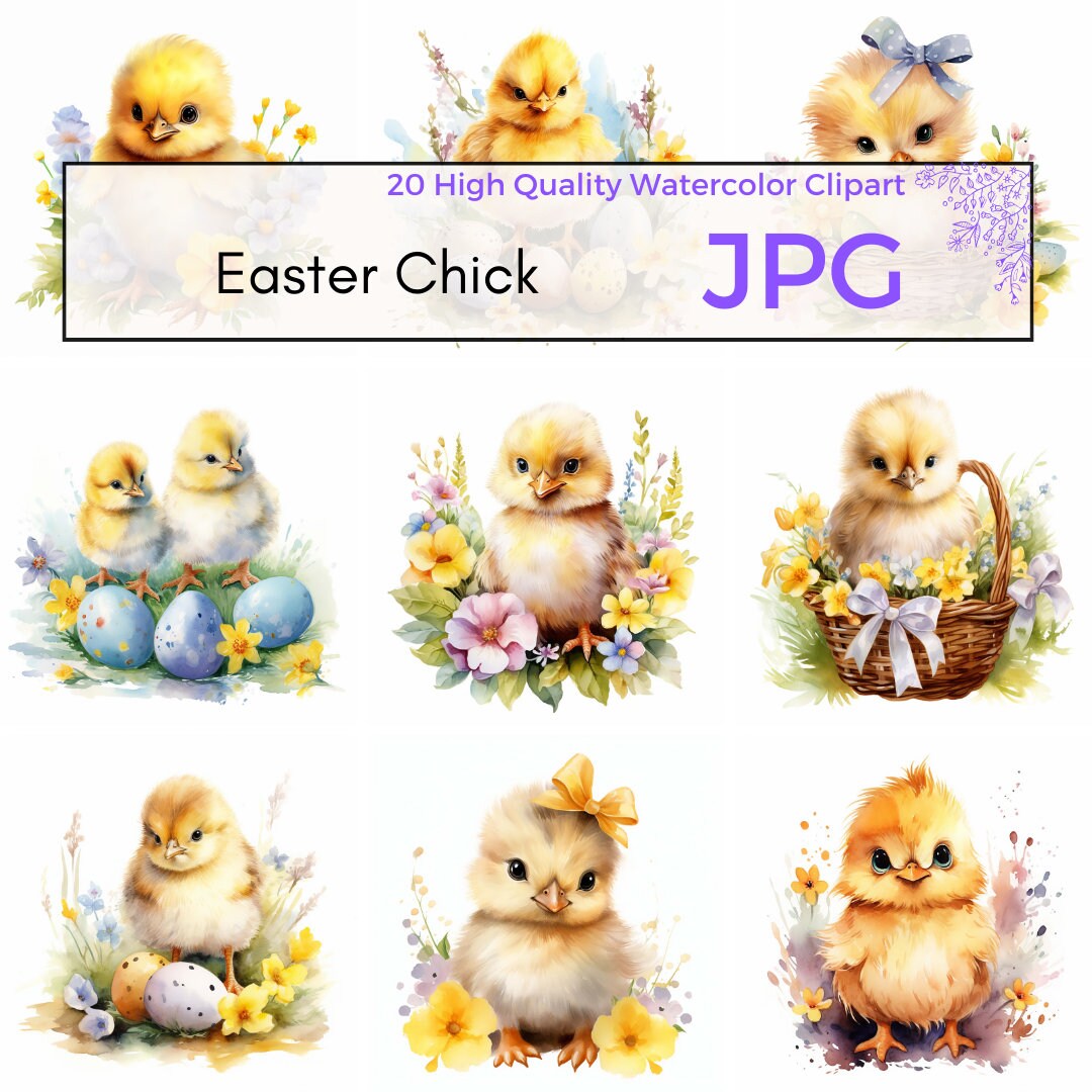 Watercolor Easter Chick Clipart, High Quality JPG, Baby Chick Wall Art ...