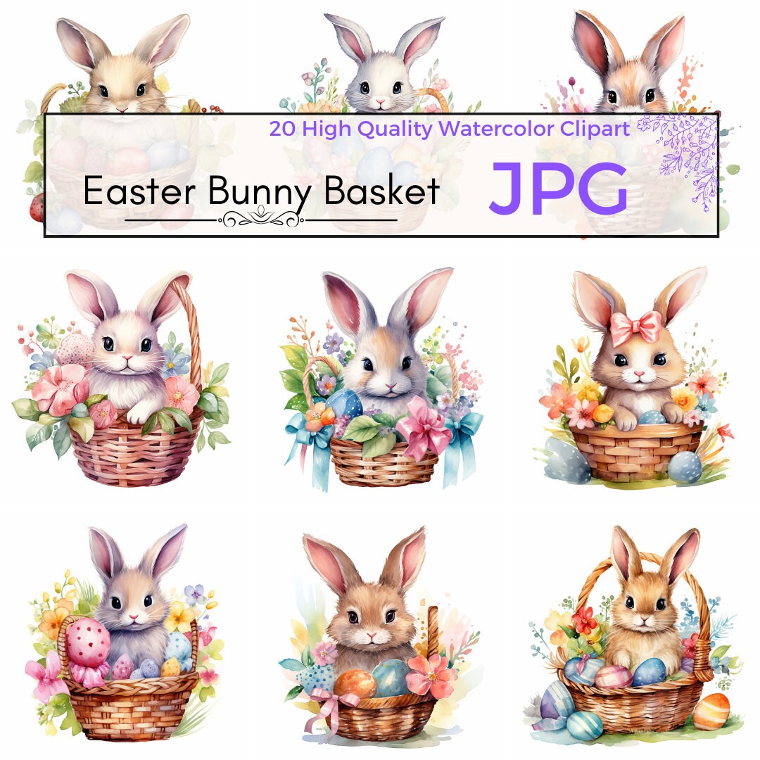 Watercolor Easter Bunny Basket Clipart, High Quality JPG, Easter ...