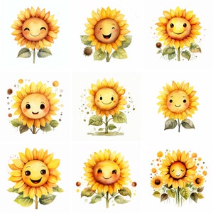 Watercolor Smiling Sunflower Clipart, High Quality JPG, Cute Sunflower ...